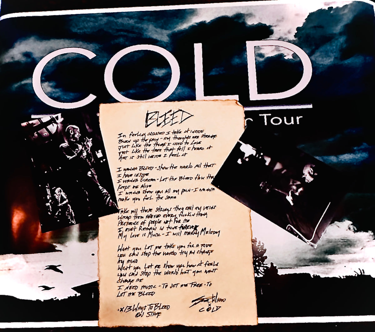 Cold handwritten lyric sheets with 2 signed Photos/Cold guitar pick ...